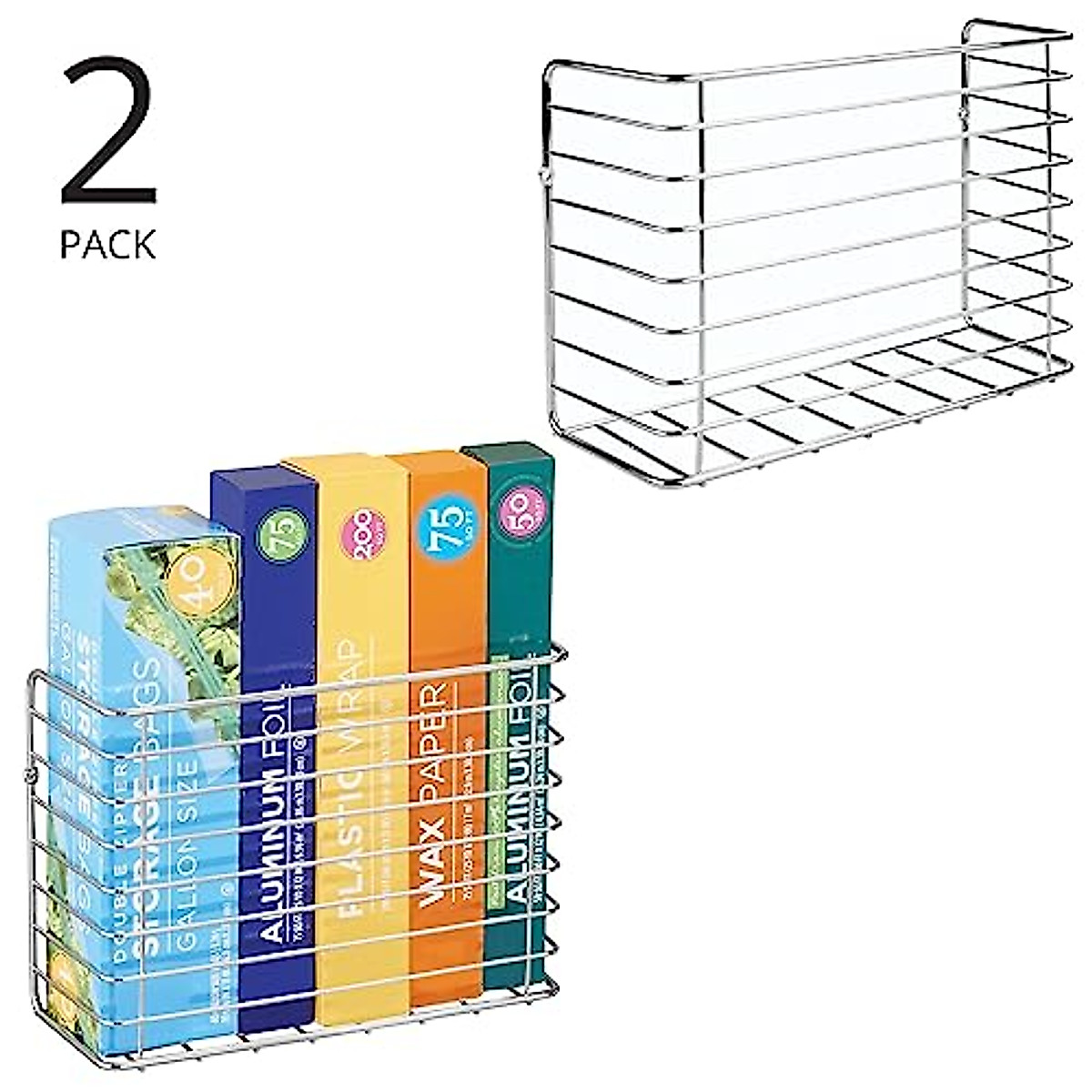 mDesign Steel Metal Wire Wall Mount Kitchen Storage Organizer Basket - Cabinet Door Holder Bins for Bags, Tin Foil, Wax Paper, Cling Wrap - Concerto Collection - 2 Pack - Chrome
