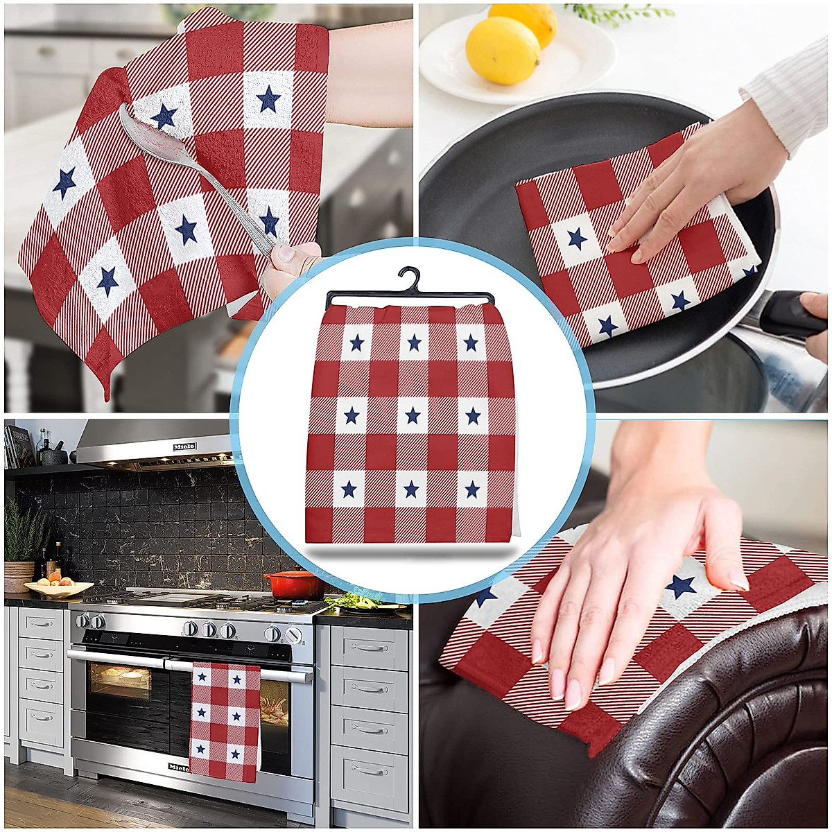 Independence Day Cotton Kitchen Towels Dishcloth July 4th Party Red White and Blue Star Check Absorbent Kitchen Dish Towels-Reusable Cleaning Cloths for Kitchen,Tea/Bar/Hand Towels,18x28inch 2 Pack