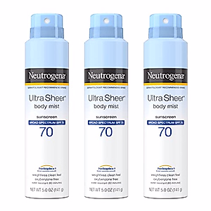 Neutrogena Ultra Sheer Body Mist Sunscreen Spray Broad Spectrum SPF 70, Lightweight, Non-Greasy & Water Resistant, Oil-Free & Non-Comedogenic UVA/UVB Sunscreen Mist, 5 oz (Pack of 3)