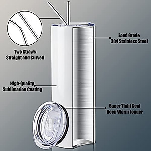 GRAUERHUND 12 Pack 20 oz Sublimation Tumblers Set Skinny Straight Double Walled Stainless Steel Blank Tumbler Bulk with Lid, Straw, DIY Stickers, Shrink Wrap, Rubber Base, Tape for Sublimate