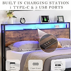 BACSWIHOM Queen Size Bed Frame with Storage Headboard and 2 Drawers, LED Lights Bed with Charging Station, Metal Platform No Noise, Mattress Foundation Strong Metal Slats Support No Box Spring Needed
