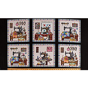 23.5" X 44" Panel Sewing Machines Sewing Room Quilting Quilters Seamstress Tools Blocks on Black A Stitch in Time Cotton Fabric Panel (D380.23)