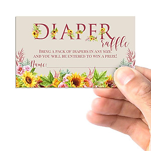 Amanda Creation Watercolor Sunflower & Peony Floral Spring Diaper Raffle Tickets for Baby Showers, 20 2" X 3” Double Sided Inserts, Bring a Pack of Diapers to Win Favors & Priz