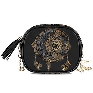 ALAZA PU Leather Small Crossbody Bag Purse Wallet Boho Chic Golden Crescent Moon & Sun Mandala Cell Phone Bags with Adjustable Chain Strap & Multi Pocket