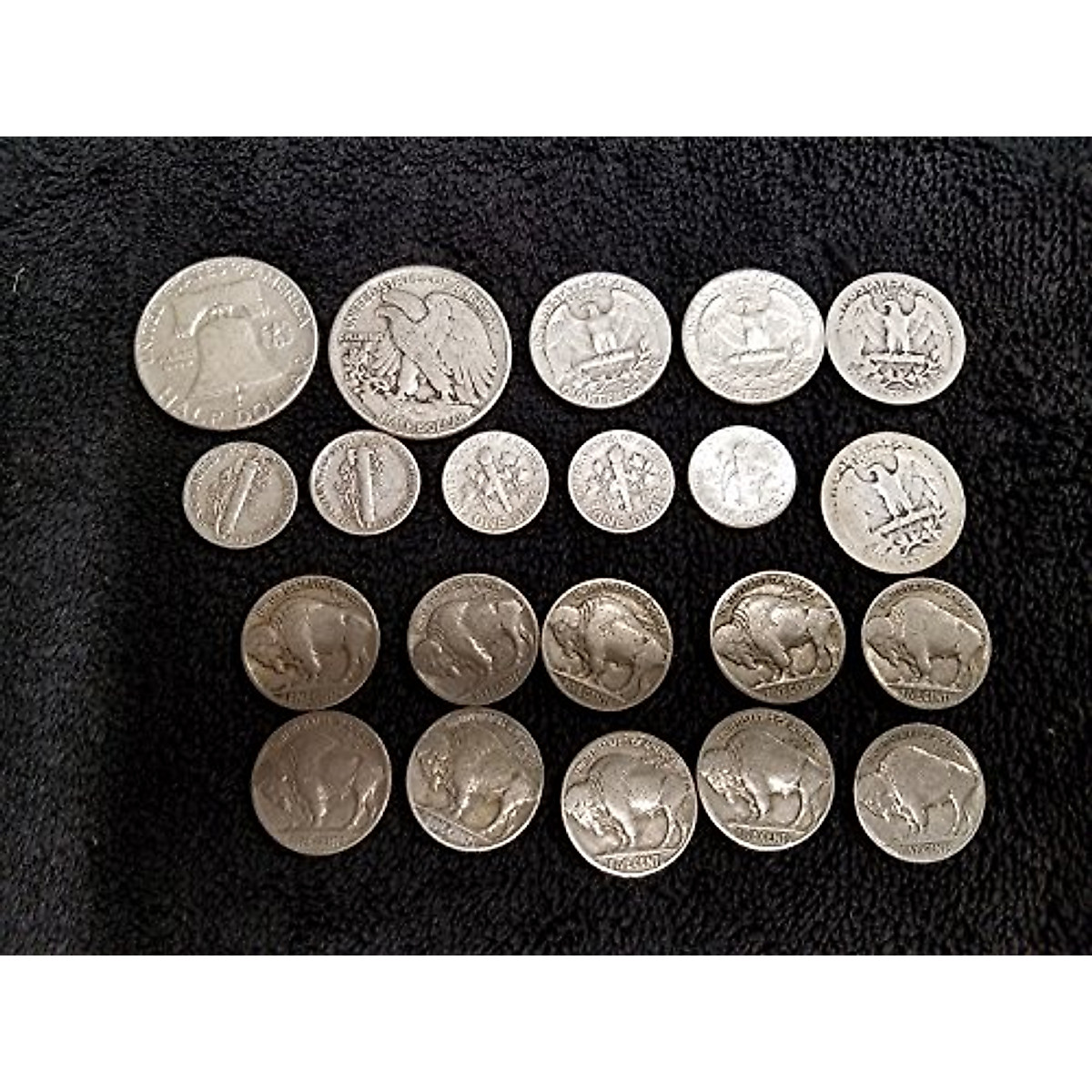 1913 to 1964 U.S. Silver Type Coin Set -Walking Liberty Half, Franklin Half, 4-Washington Quarters, 3=Mercury Dimes, 2-Roosevelt Dimes & 10-Buffalo Nickels - a total of 21 Coins - (1/2) US Mint - All VG to XF