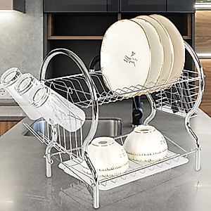 2 Layer 38cm Dish Drainerd Dual Layer Dish Drying Rack Kitchen Collection Shelf Drainer Organizer Over The Sink Mesh Colander Crate and Barrel (Silver, One Size)