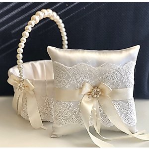 Flower Girl Basket Ivory Ring Bearer Pillow, Flower Girl Gift, Wedding Ring Pillow Ivory Wedding Pillow, Flower Girl Set, Flower Basket (White, 1 Pillow + 1 Basket)