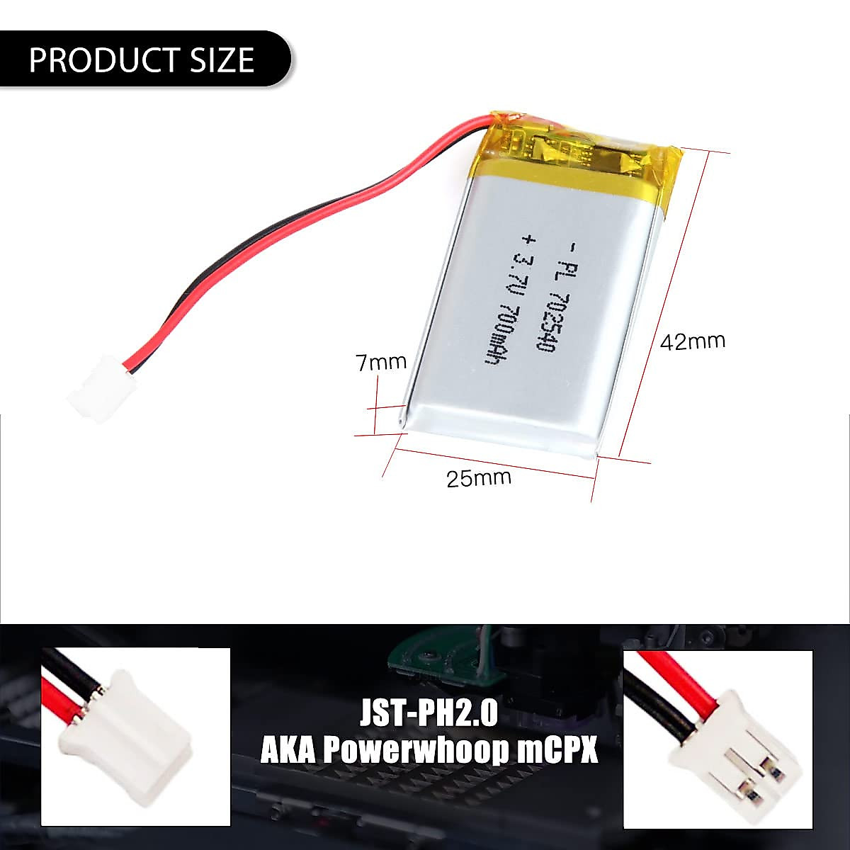 AKZYTUE 3.7V 700mAh 702540 Lipo Battery Rechargeable Lithium Polymer ion Battery Pack with PH2.0mm JST Connector