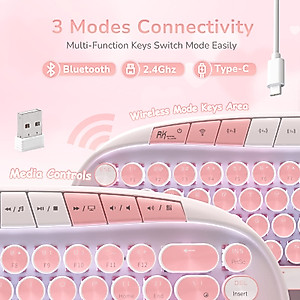 RK ROYAL KLUDGE RK838 Pink Wireless Keyboard, Retro Typewriter Keyboard BT/2.4G/Wired Mode, 75% RGB Hot Swappable Gaming Keyboard with Round Keys 10 Buttons, Pink Switches