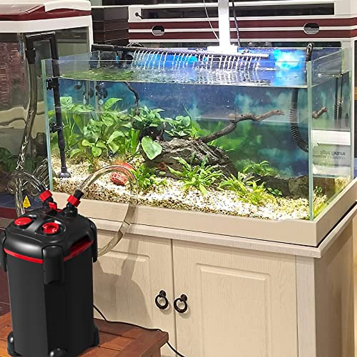 bykaeler Canister Filter for Aquarium,External Fish Tank Filter with Filter Media and Spray Bar (225GPH-UV)