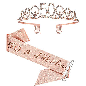 Rose Gold Birthday Sash Crown 50 & Fabulous Sash and Tiara for Women, 50th Birthday Gifts for Happy 50th Birthday Party Favor Supplies
