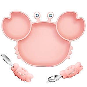 Silicone Suction Plate for Toddlers with Fork Spoon Set - Self Feeding Training Divided Plate Dish and Bowl for Baby and Toddler, Fits for Most Highchairs Trays (Pink)