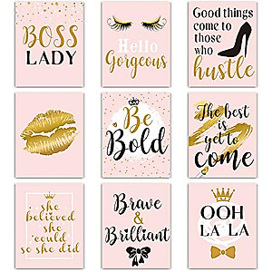 Inspiration Wall Decor, 9 Pieces Bedroom Decor for Women, Pink and Gold Makeup Lash Lips Wall Art Poster, Motivational Quotes Fashion Prints for Women Bathroom Home Decor, 8 x 10 Inch, Unframed