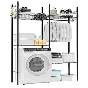 UEAKPIC Over Washer and Dryer Shelves, Laundry Room Space Saver Deepening Bathroom Storage and Organizer Storage for Hanging Towels or Drying Clothes, 57.68”W X 17.32”D X 77”H, Black