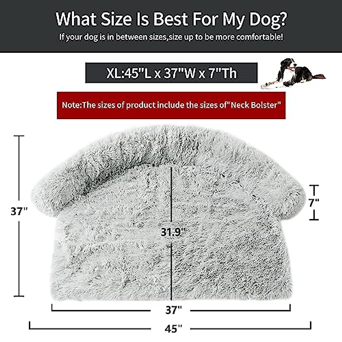 Auemtyn Dog Bed,Calming Dog Beds for Large Dogs,Fluffy Non-Slip 45"x37"x7"Dog Bed Couch Protector with Removable Pet Soft Neck Bolster,Washable Dog Bed Cover with Hidden Zipper（White）