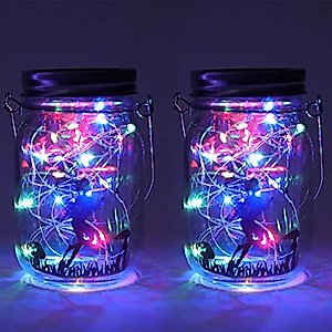 GEZICHTA 2 pcs Solar Fairy Lantern Lights,Hanging Glass Mason Jar Lights LED Lights(Colorful Transparent), free size