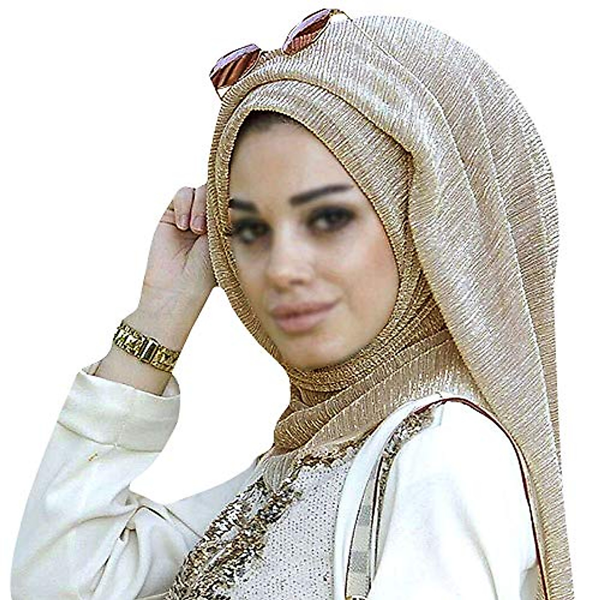 Editha Women Solid Color Muslim Headscarf Turban Lightweight Jersey Hijab Scarf Wrap Golden