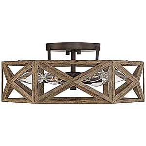 Possini Euro Design Moorcroft Rustic Farmhouse Ceiling Light Semi Flush-Mount Fixture 14 1/2" Wide Dark Wood Oil Rubbed Bronze 6-Light Open Hexagon Frame for Bedroom Kitchen Living Room Hallway