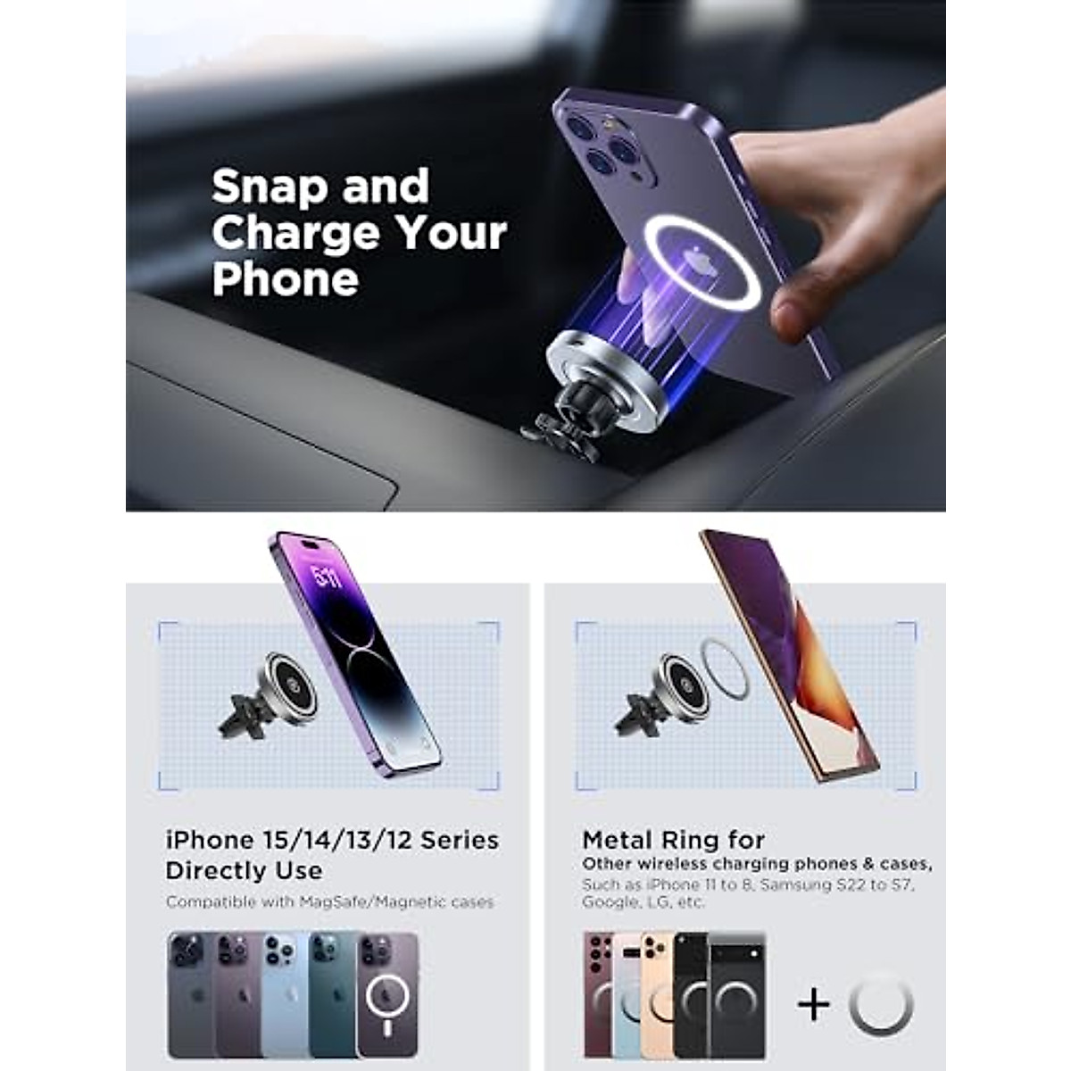 TIKECO for MagSafe Car Mount Charger, 15W Fast Charging Magnetic Wireless Car Charger Air Vent Dash Windshield Car Phone Holder Mount for iPhone 15/14/13/12 Series and MagSafe/Magnetic Cases