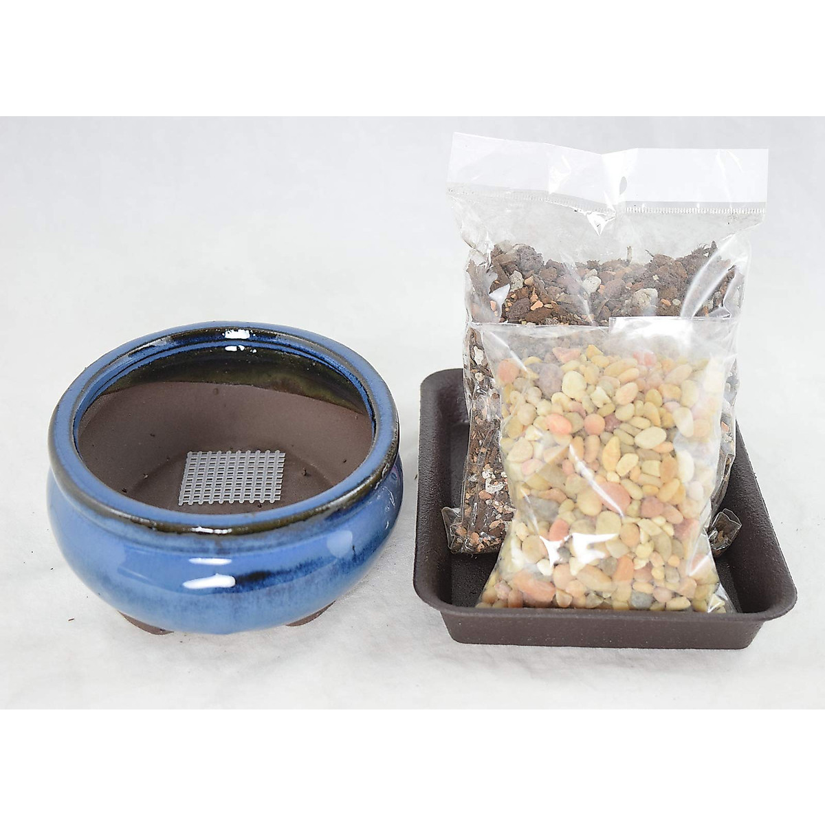 6" Oval Dark Blue Glazed Bonsai/Succulent Pot + Soil + Tray + Rock + Mesh Kit