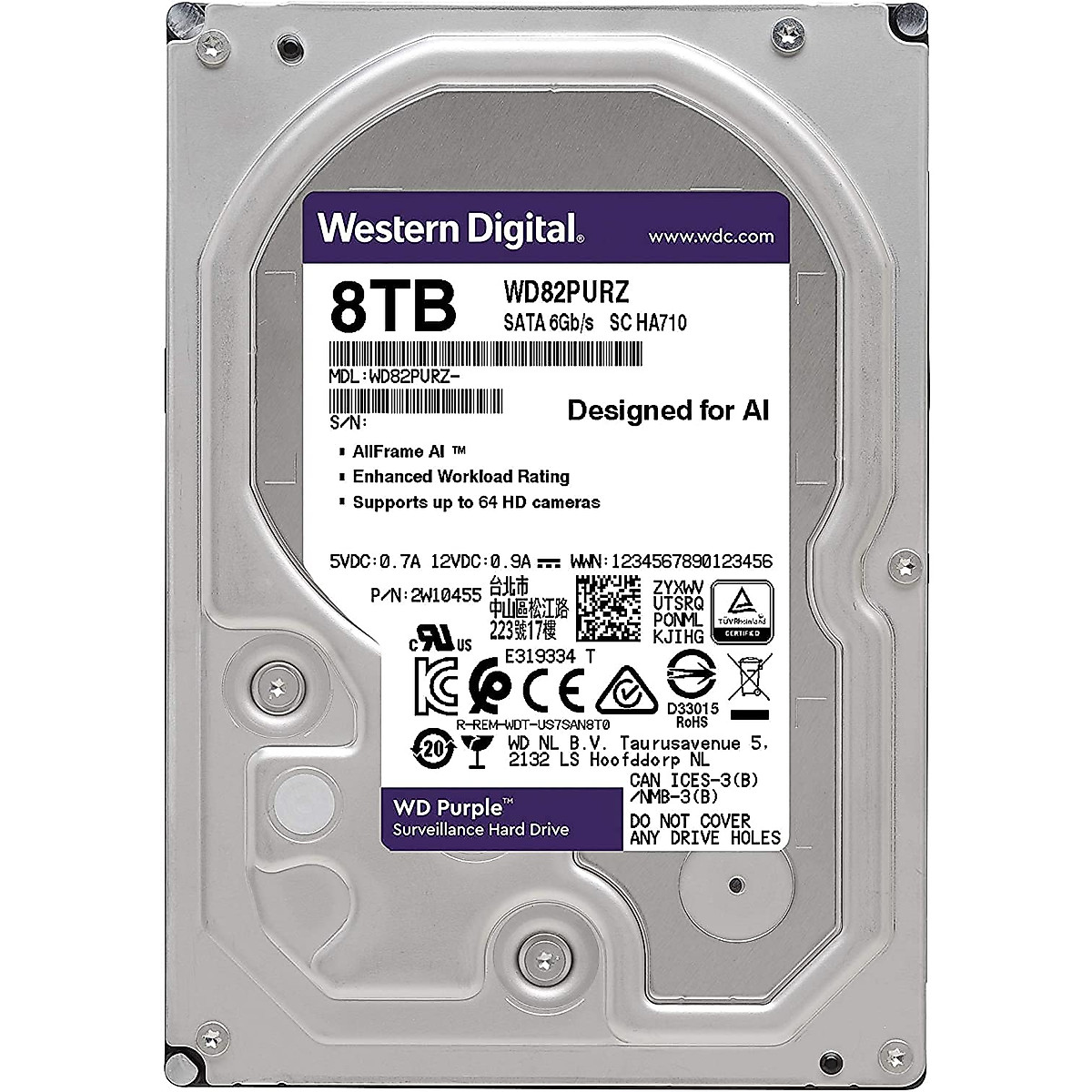 Western Digital - WD 8TB Purple Surveillance Internal Hard Drive - 7200 RPM Class, SATA 6 Gb/s, 256MB Cache, 3.5", Crypto Chia Mining - WD82PURZ - BROAGE HDMI Cable, Solid State Drive