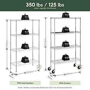 Furinno Wayar 4-Tier Metal Storage Shelf Rack Cart with Casters, 36 x 14 x 58, Stainless Steel