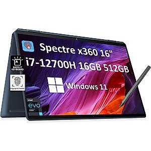 Spectre x360 16" 2-in-1 3K QHD+ Touchscreen (Intel 12th Gen i7-12700H, 16GB RAM, 512GB SSD, Stylus) Home & Business Laptop, Long-Battery Life, Fingerprint, Backlit, Thunderbolt 4, Win 11 Home