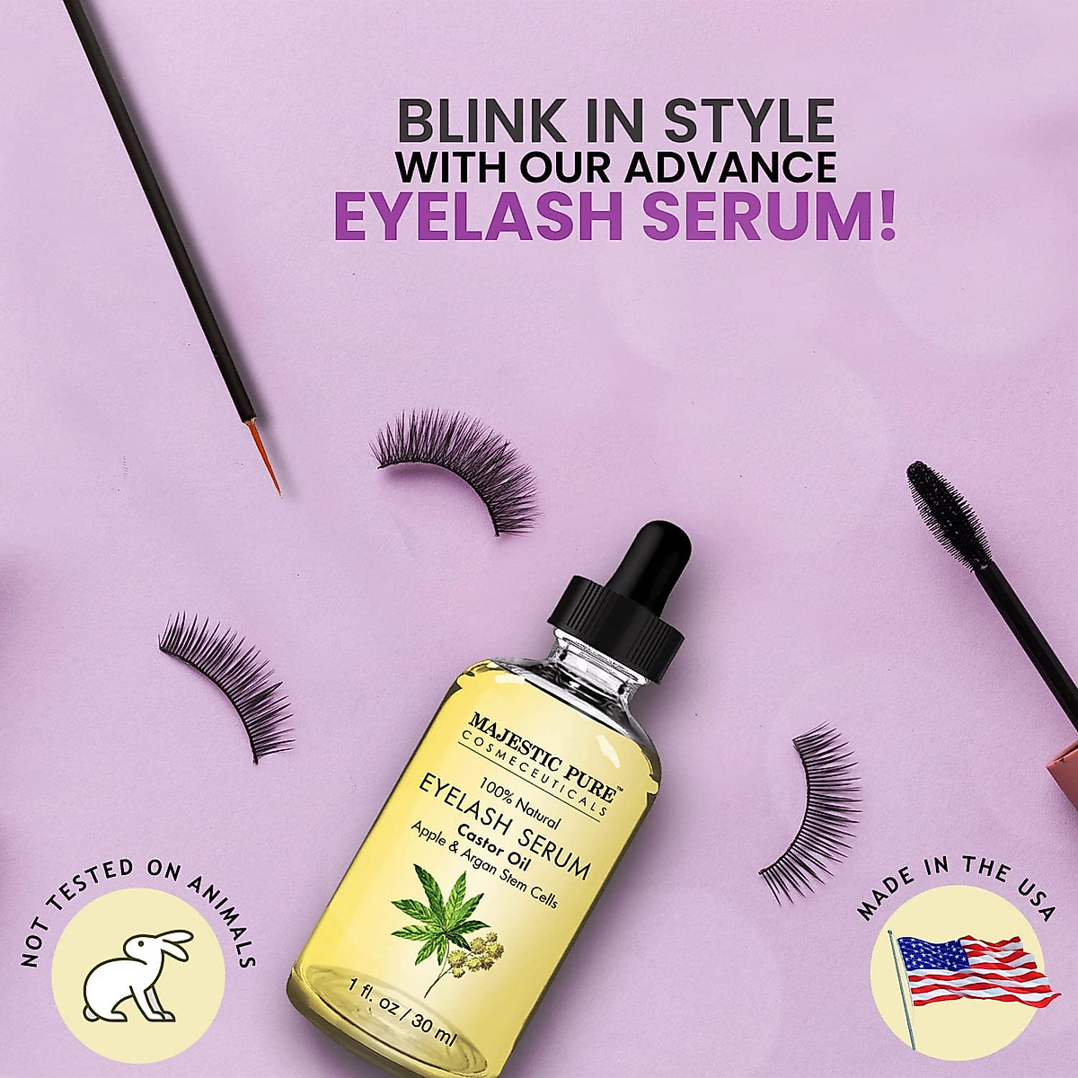 Majestic Pure Castor Oil Eyelash Serum - with Apple & Argan Stem Cells - Eyelash Growth Serum for longer thicker Eyelashes, Eyebrows & Hair - Free Set of Mascara Brush & Eyeliner Applicator - 1 fl oz