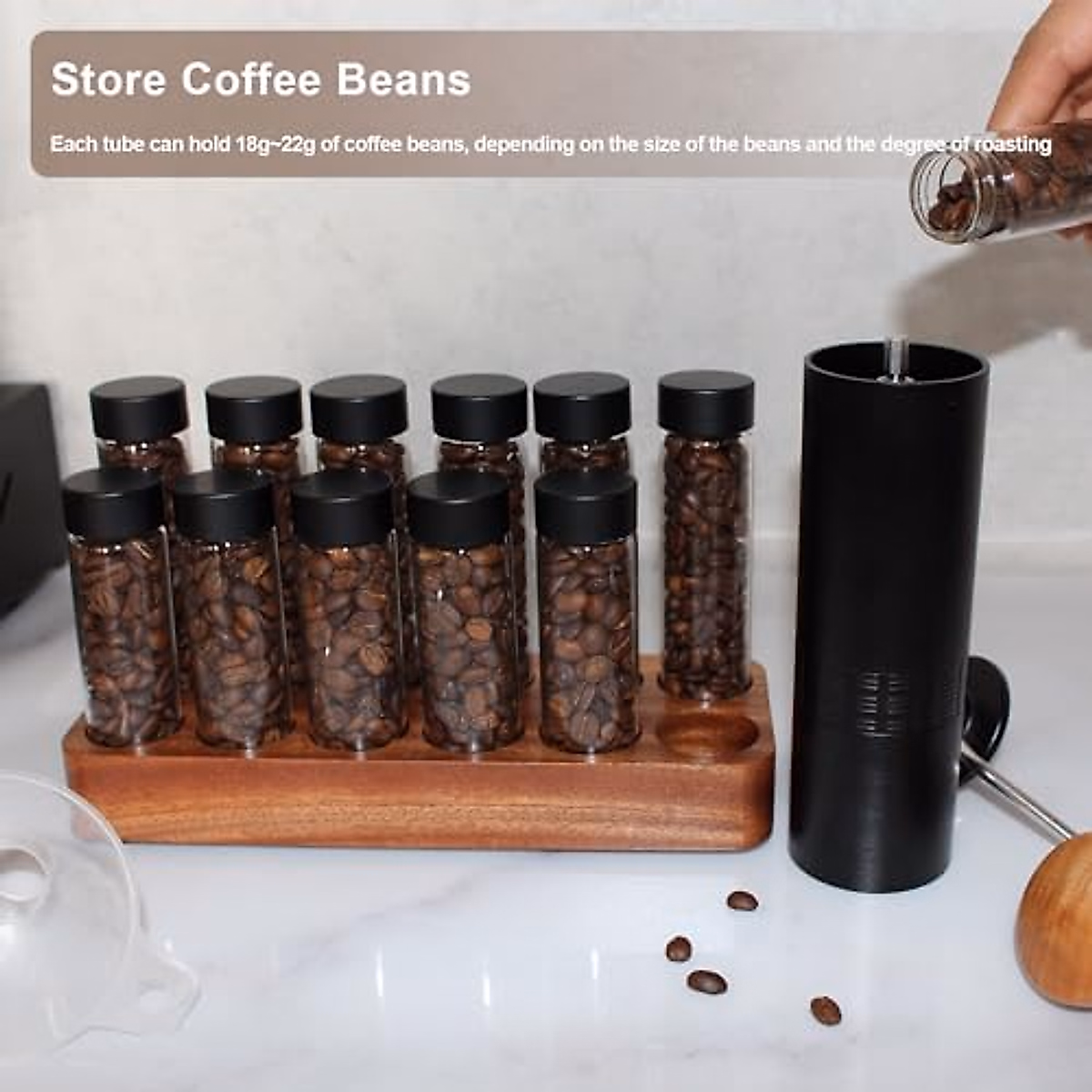 Single Dose Coffee Bean Storage Tubes - 12pcs Coffee Beans Container,Coffee Vials dosing container,glass espresso container with Wood Display Stand and Funnel(Tube1)