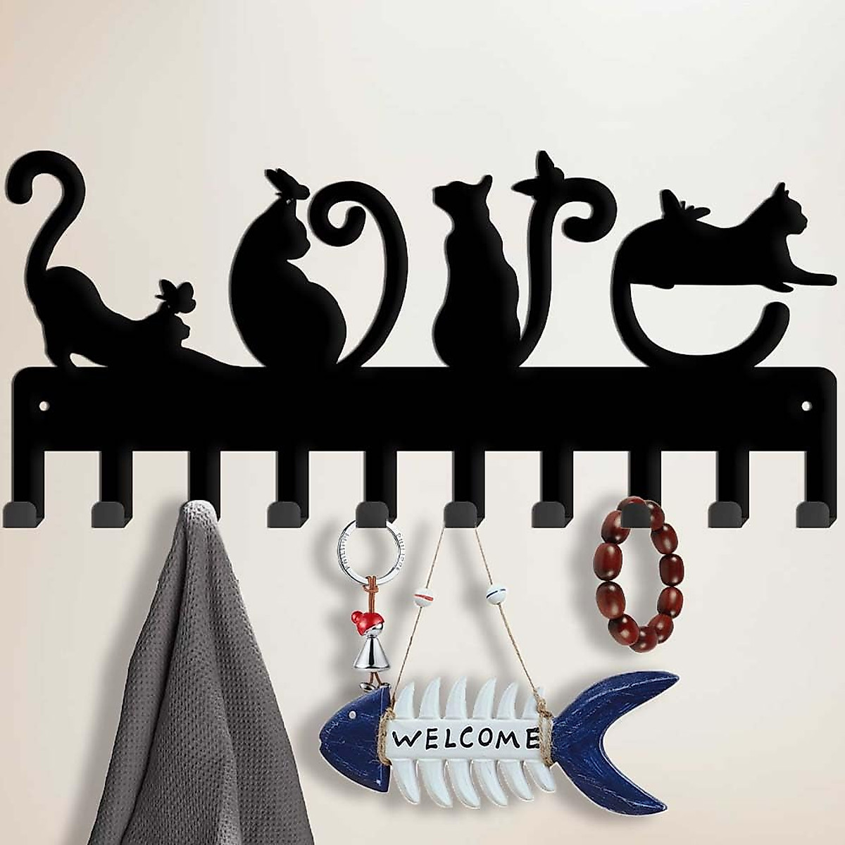 SUPERDANT Cats Metal Key Holder Cat Love Decorative 10 Hook Key Rack Organizer Wall Mounted Entryway Key Belt Umbrella Hooks Personalized Key Hanger Cat Lovers Gift for Wall Decoration