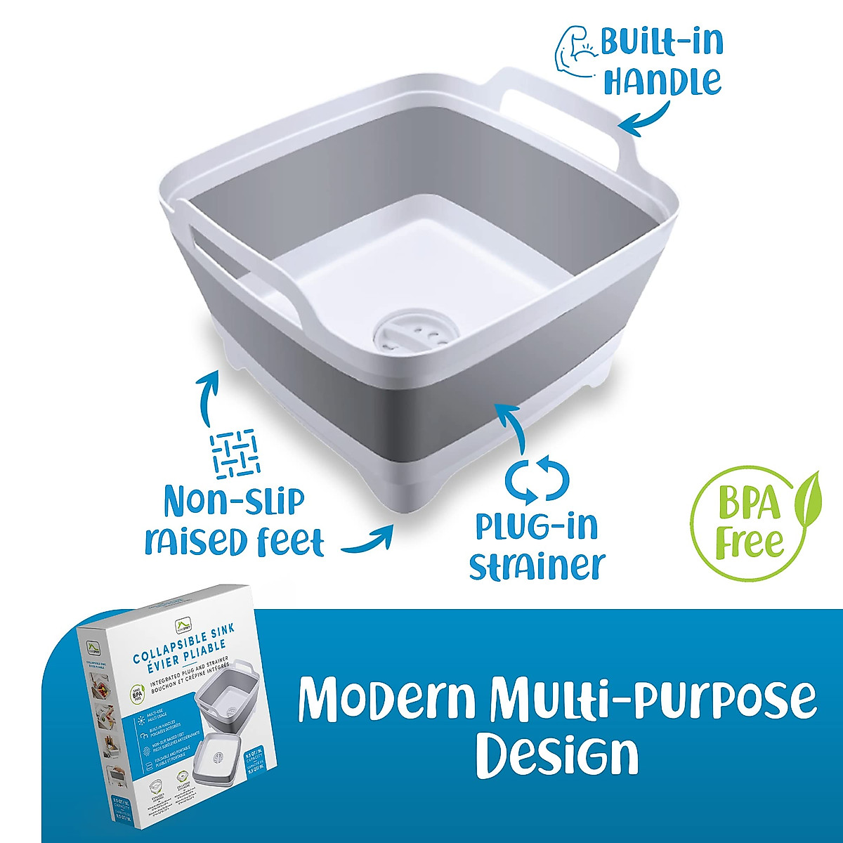 Home Spirit Collapsible Sink, Portable Dish Pan, Wash Basin Tub for Dish, Fruits, Vegetables, Textiles, Cloths, Beverages, Integrated Handle, Plug and Strainer, 9L Capacity
