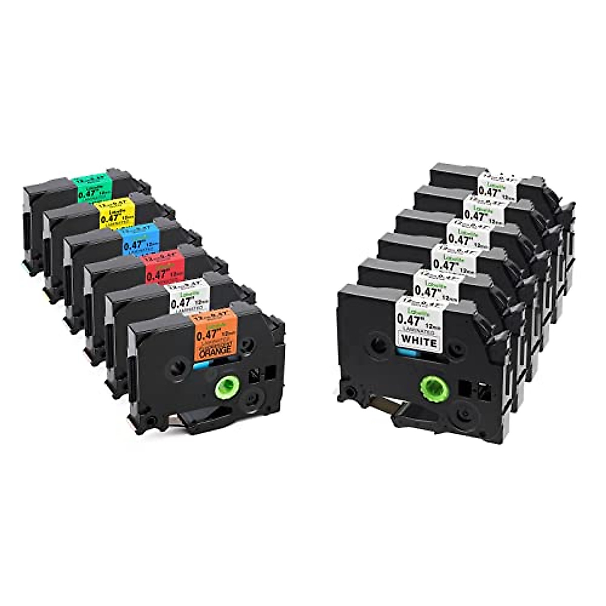 Compatible Label Tape Replacement for Brother Ptouch TZe Label Tape Multicolor Tape Bundle with Replace TZe-231 Label Tapes, 0.47" x 26.2', Black on White/Orange/Red/Blue/Yellow/Green (Total 12-Pack)