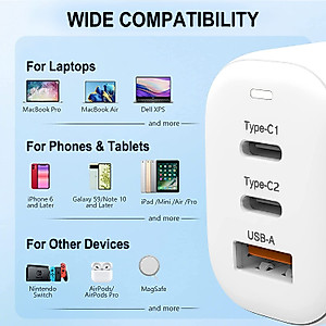 65W USB C Charger 3-Port GaN Fast Charger USB-C Block Acoucou Compact Foldable USB Wall Charger with 5ft Type-C Cable for Laptop, Dell XPS, Phone 15/14/13, tablet, Galaxy S23, Pixel 7, Steam Deck