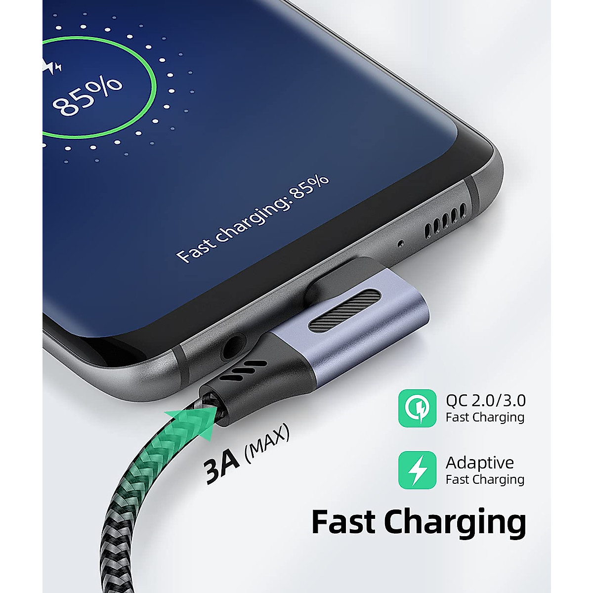 SUNGUY 2-Pack 1FT Right Angle USB A to USB C Charger Cable, Braided 3A Fast Charging & Data Sync 90 Degree USB 2.0 Type C Cable Compatible with Galaxy S20 S10 S9 Plus and More