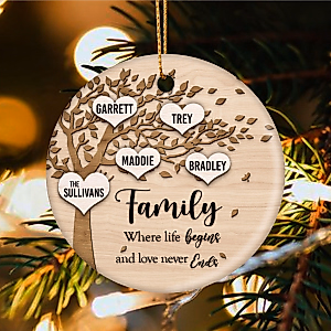 Family Where Life Begins and Never Ends Personalized 3 Inch Ceramic Christmas Ornament With Gift Box (4 Names)