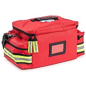 Scherber First Responder Fully-Stocked Professional Essentials EMT/EMS Trauma Kit | HSA/FSA Approved | Reflective Bag w/8 Zippered Pockets & Compartments & 200+ First Aid Supplies - Red