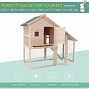 PawHut 55" L 2-Tier Wooden Rabbit Hutch Bunny Cage Small Animal House with Ramp, Waterproof Roof, Removable Tray and Outdoor Run