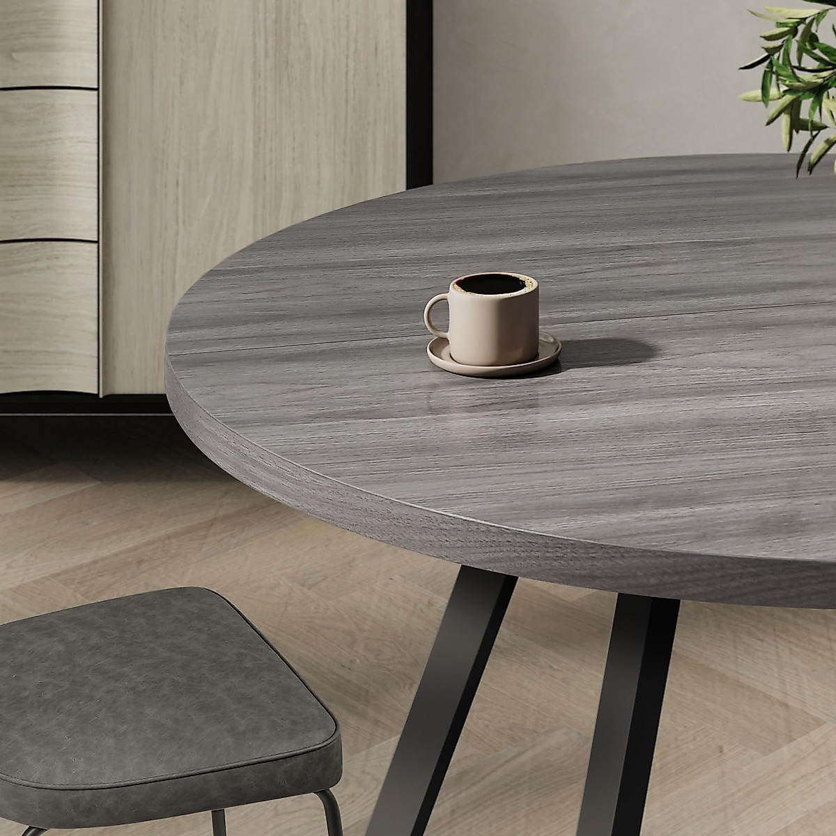 SIMTONAL Round Wood Dining Table for 4-6, 47" Mid Century Modern Kitchen Table (Only Table), Grey