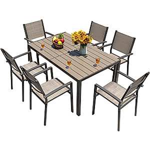 Homall Patio Dining Set 7 Pieces Outdoor Furniture with Large Table and 6 Textilene Chairs for Porch, Brown