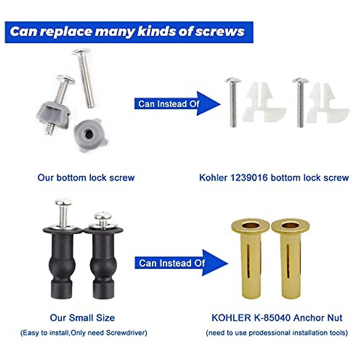 3 Pairs Toilet Seats Screw, Universal Toilet Seat Bolts, Top Fix Nuts Screws Bottom Mount Anchor Nut 1/4-20 Toilet Seat Screws Replacement Parts Fit for Kohler