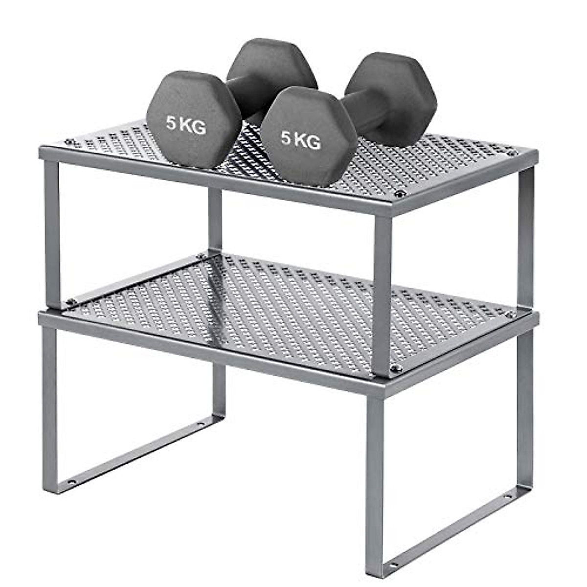 SONGMICS Cabinet Shelf Organizers, Shelf Organizer, Countertop Organizer, Shelf Riser, Stackable, Expandable, Set of 2 Metal Kitchen Counter Shelves, Silver UKCS01SV
