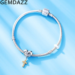 Golden Cross Religious Heart Charms with God All Things Are Possible, 925 Sterling Silver Christian Beads fit Pandora Christmas Bracelet, Gift for Birthday/Easter/Mothers Day/Grandma