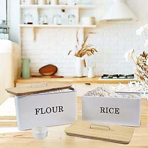 Gdfjiy Kitchen Canisters Set of 2, Metal Rice Storage Bin Flour Tin, Rustic Farmhouse Canister Jars, Food Storage Container for Rice Flour Soybean Grain Cereal-White