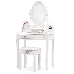 LAGRIMA Makeup Vanity Table Set, Makeup Table and Stool with Oval Mirror & 4 Storage Drawers, Wooden Dressing Desk Table Furniture Set for Women Girls