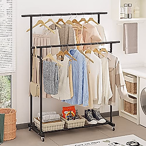 Calmootey Double Rod Clothing Garment Rack,Rolling Hanging Clothes Rack,Portable Clothes Organizer for Bedroom,Living Room,Clothing Store,Black