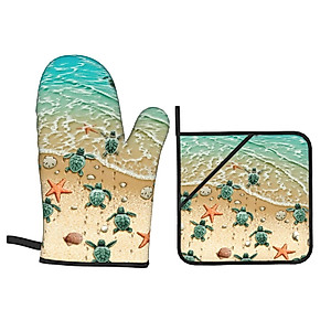 Turtle Oven Mitts and Pot Holders Heat Resistant 4 Pcs Sets Waterproof Non-Slip for BBQ Cooking Baking Grilling