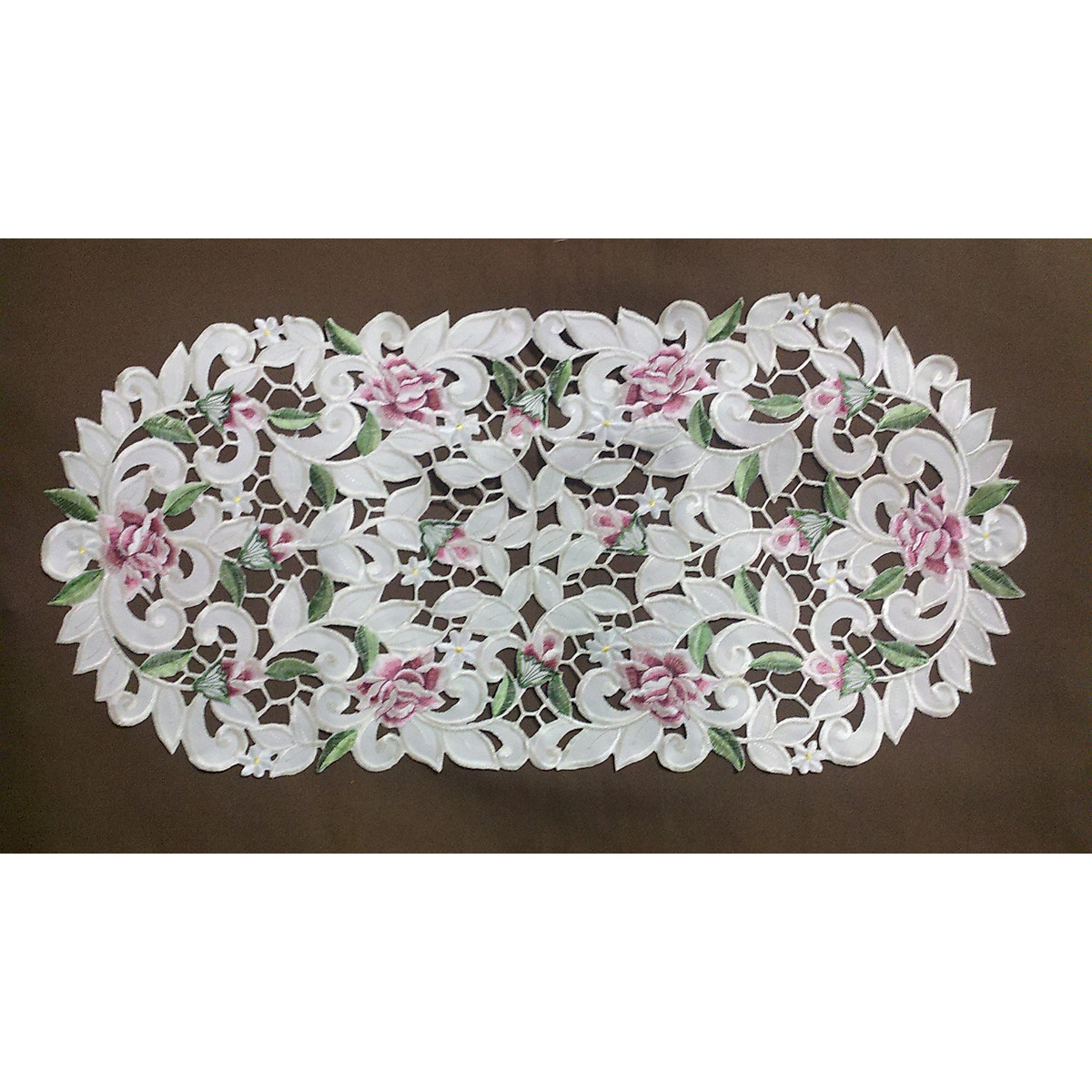Doily Boutique Place Mat or Doily with a Light Pink Cutwork Rose, Size 11 x 17 inches