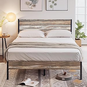 VECELO Platform Bed Frame Full Size with Wood Headboard, Solid and Strong Metal Support, No Box Spring Needed