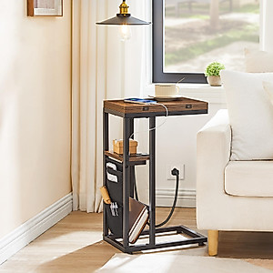 HOOBRO C Shaped Side Table with Charging Station, Foldable End Table with Storage Bag, Sofa Couch Table Snack Table for Small Space in Living Room, Bedroom, Rustic Brown and Black BF101USF01