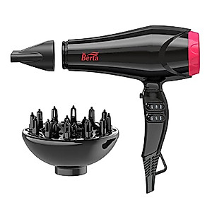BERTA 1875W Professional Salon Hair Dryer Negative Ionic Blow Dryer, 2 Speed 3 Heat Settings Cool Button with AC Motor, Concentrator Nozzle & Diffuser